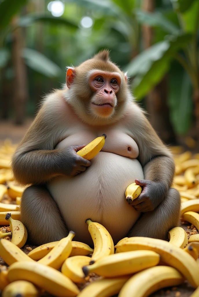 Closeup image. a monkey with an over obese body. sitting relaxed on a ...