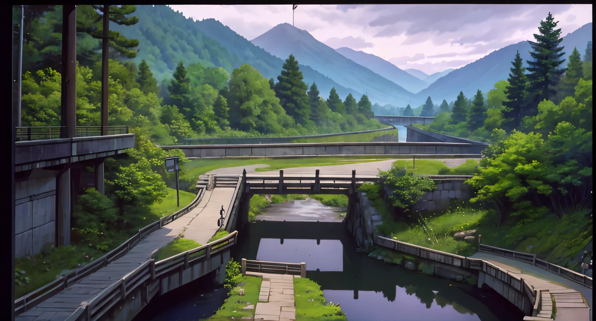 There is a painting of a bridge over a small river - SeaArt AI