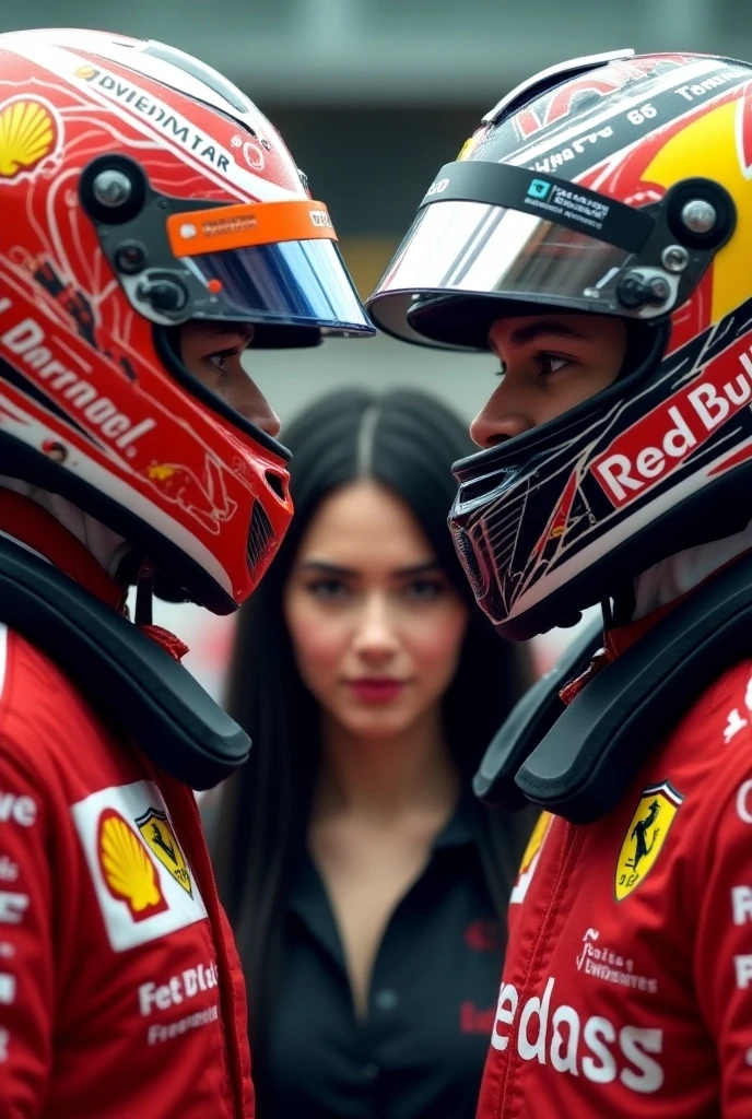 two F1 drivers facing each other with their helmets on . One from the ...