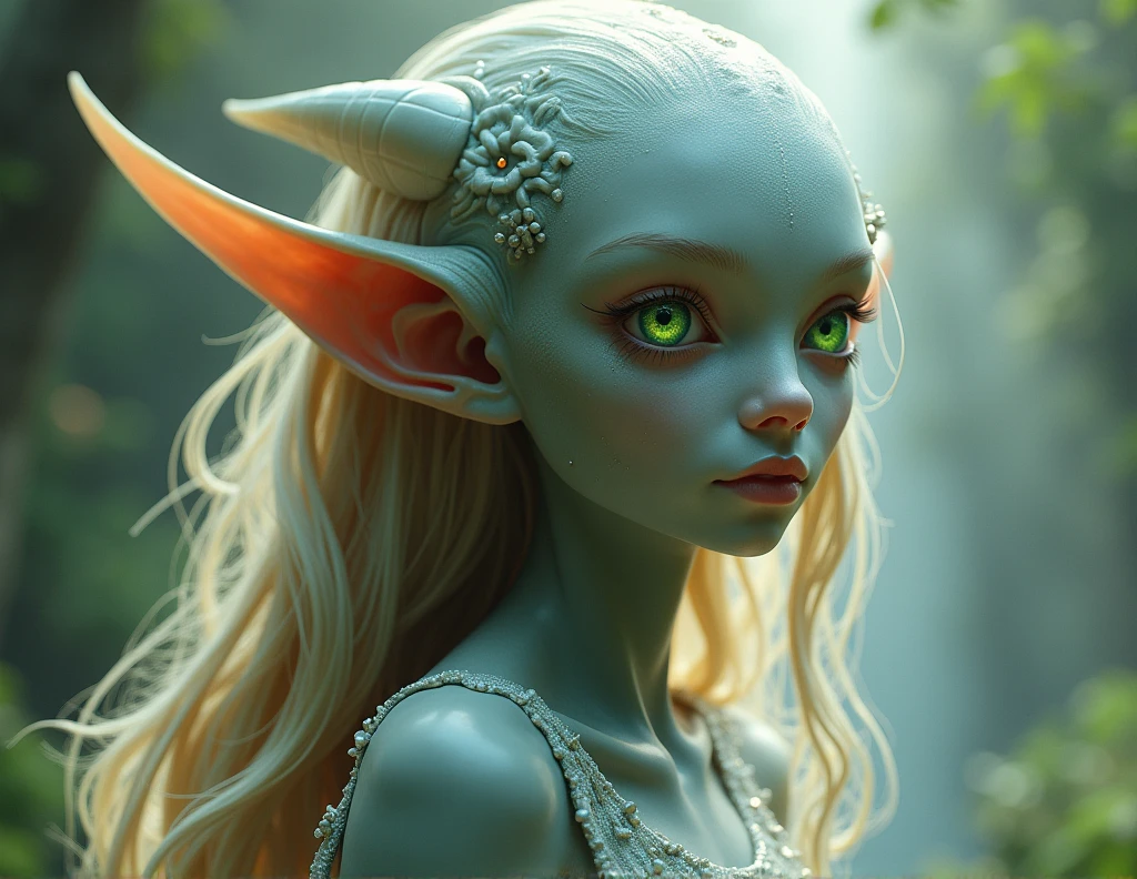 Young female humanoid, greyish blue skin all over the body, green ...