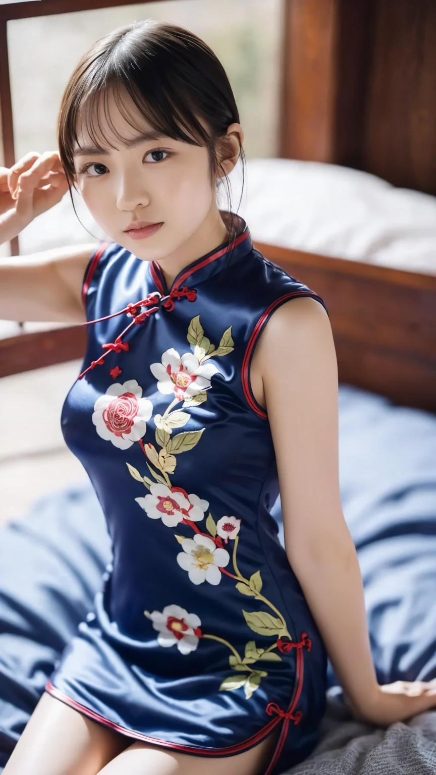 ((lie on back, spread legs up ):1.2), 1 girl,(cheongsam:1.3) - SeaArt AI