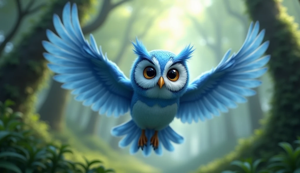 A cute little blue owl in flight, detailed face, beautiful big eyes ...