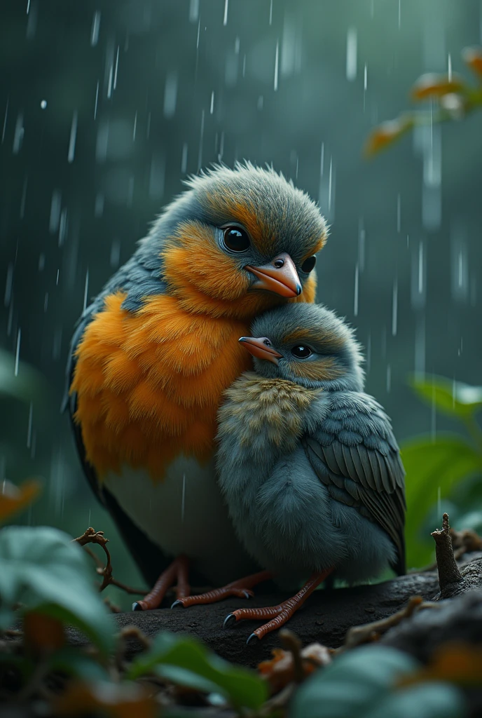 There are 2 birds in rain. one is mother bird and other is baby bird ...