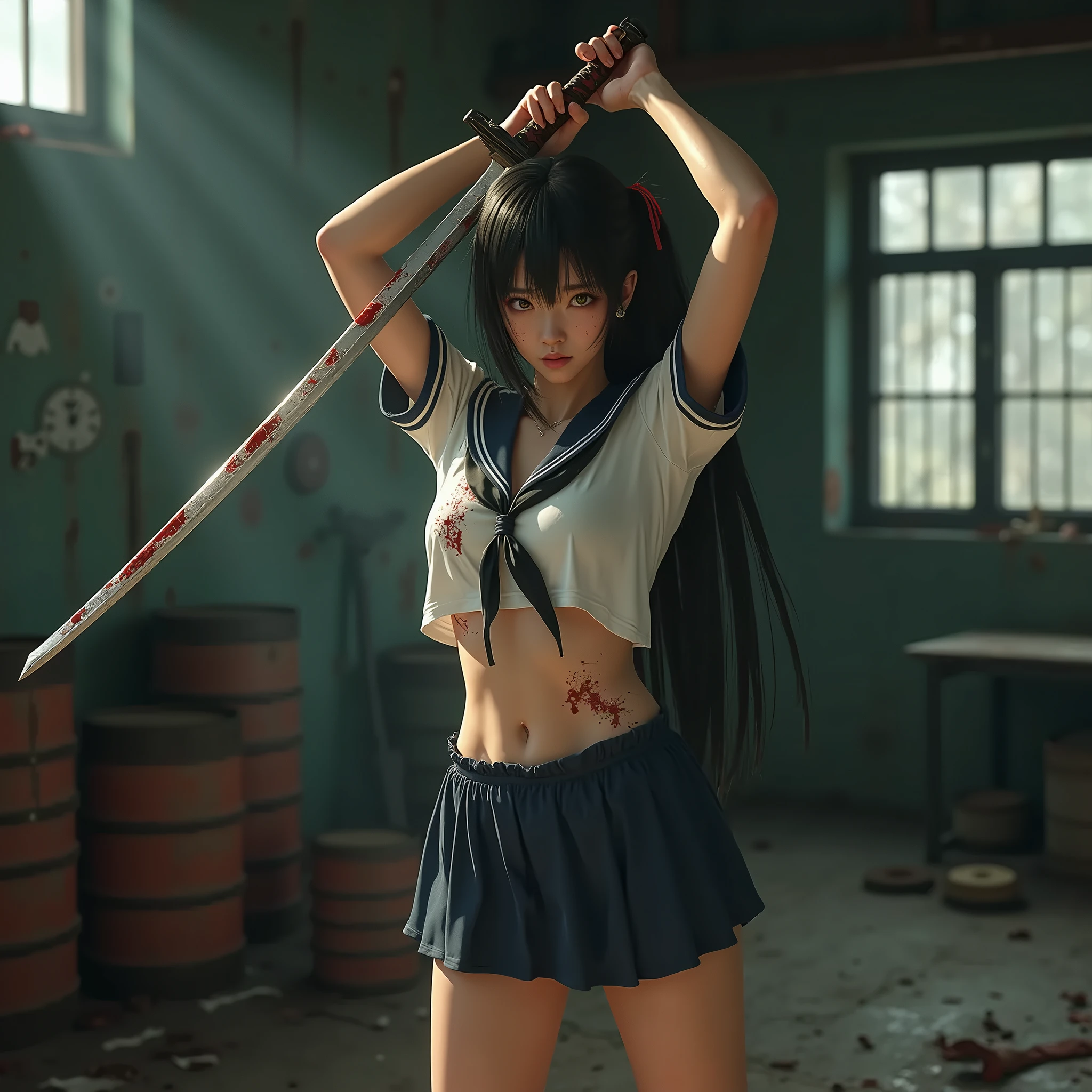 There is a woman in a short skirt holding a sword - SeaArt AI