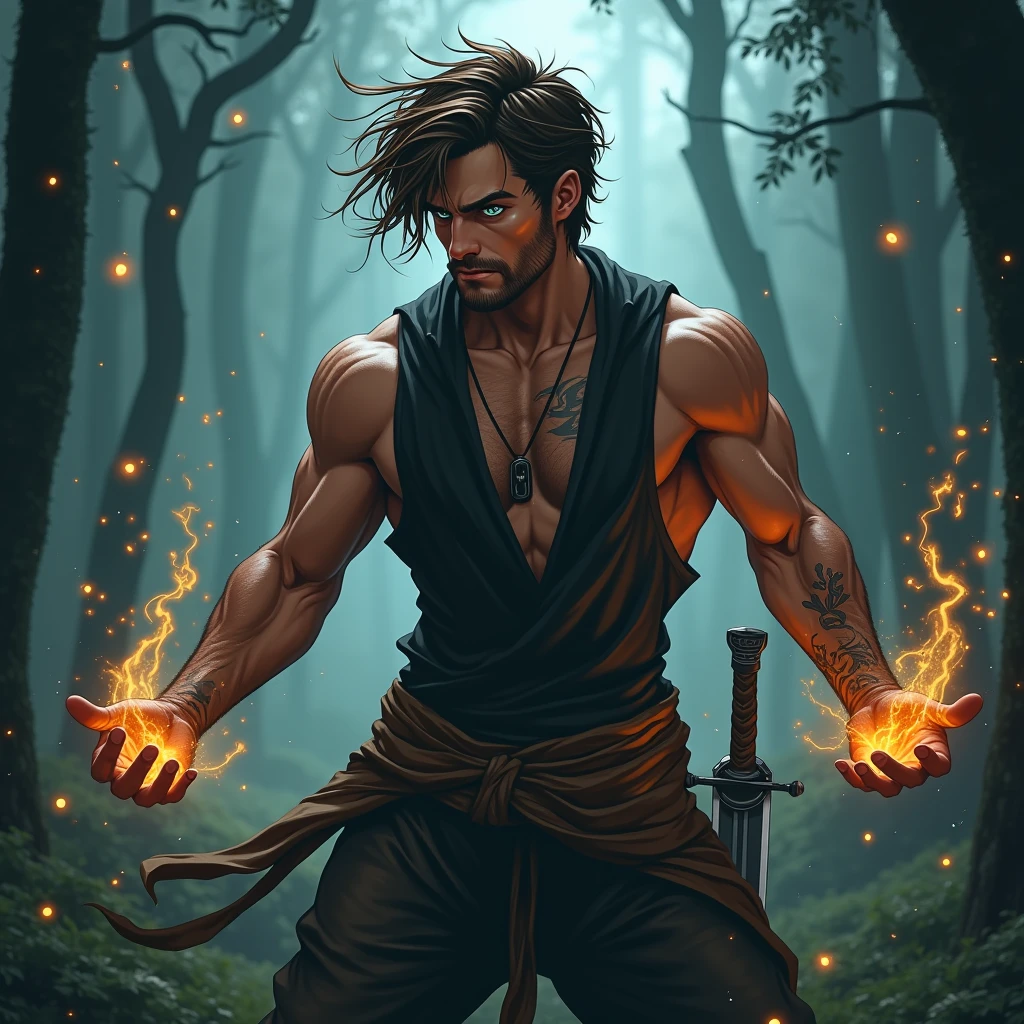 Man, Surfer style , messy brown hair ,tattoo on the neck - SeaArt AI