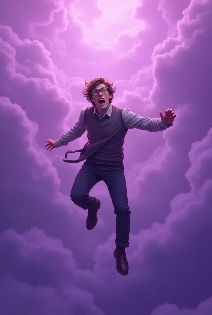 A nerdy looking man falling on an endless Purple sky - SeaArt AI