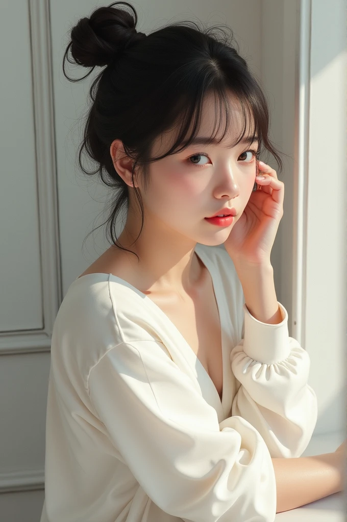 Pretty girl in white long sleeve v neck, peft side view slantly leaning ...