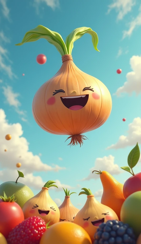 Onion Flying On Sky Fruits Watching And Smiling. High Resolution ...