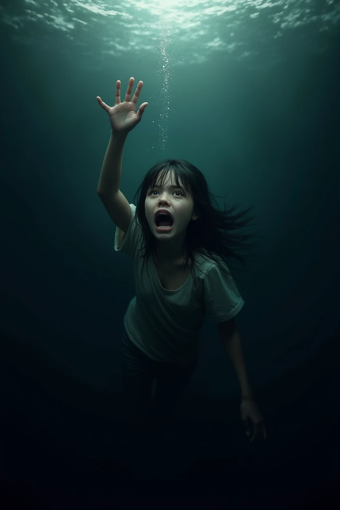 girl drowning fully underneath the water, in dark ocean, hand reaching ...