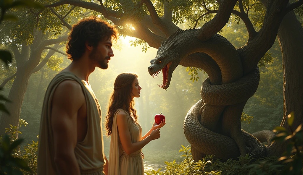 Adam and Eve with Lucifer tempting them with apple - SeaArt AI
