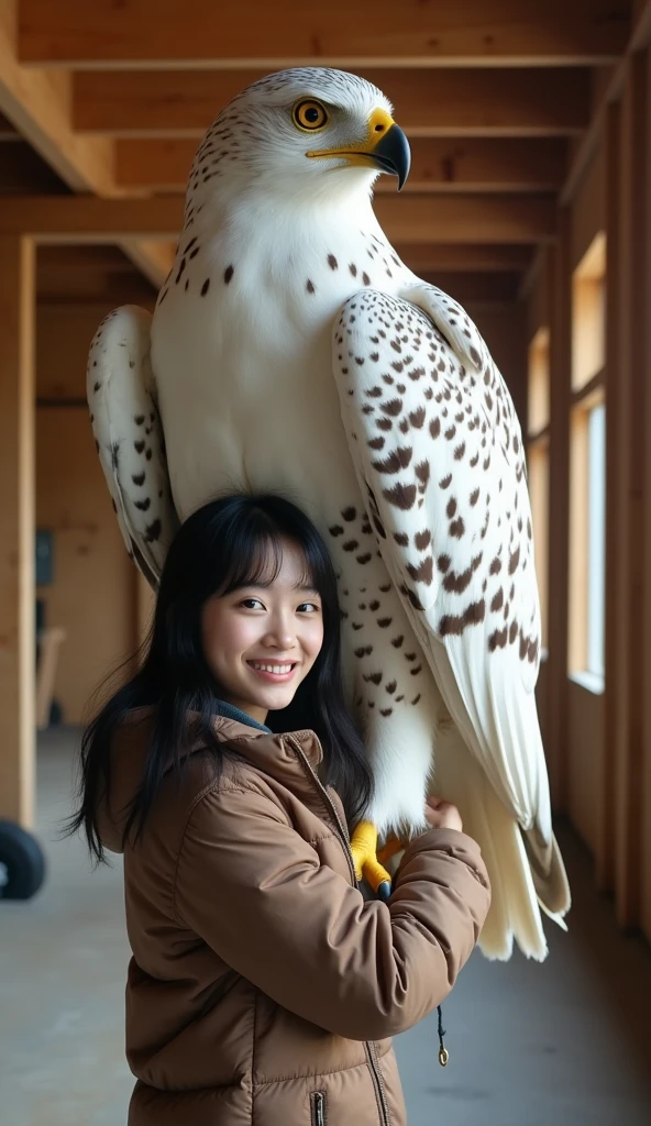 A hyper-realistic scene of a young Japanese woman holding an enormous ...
