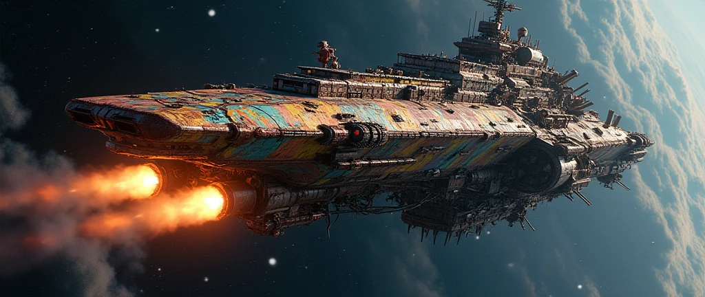 A giant diy dreadnought flying through space, realistic appearance with ...