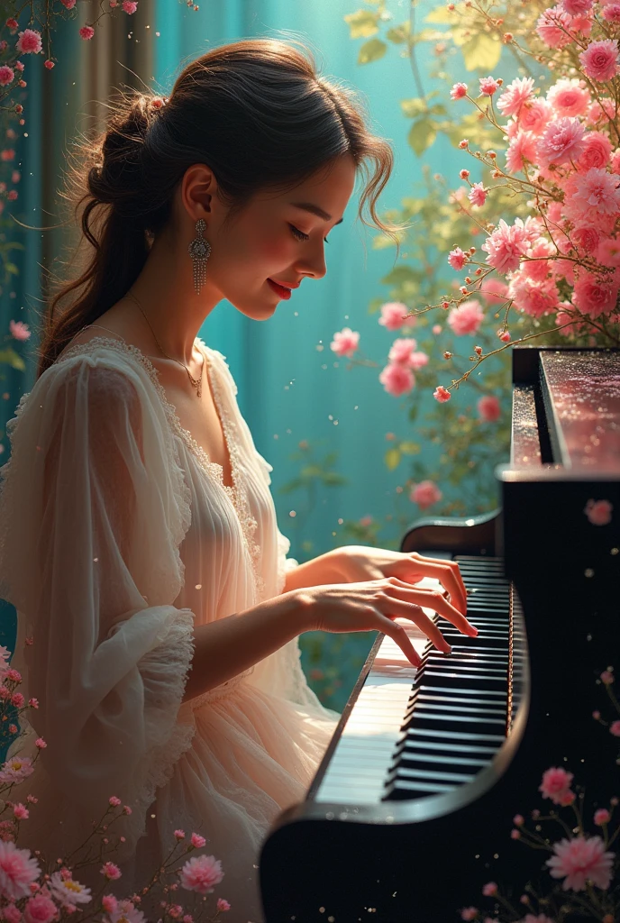A woman playing the piano, Impressionist style inspired by Monet ...