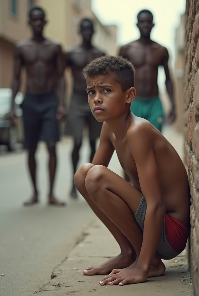 Nervous white boy completely naked with a very small penis hidden in a crouched - SeaArt AI