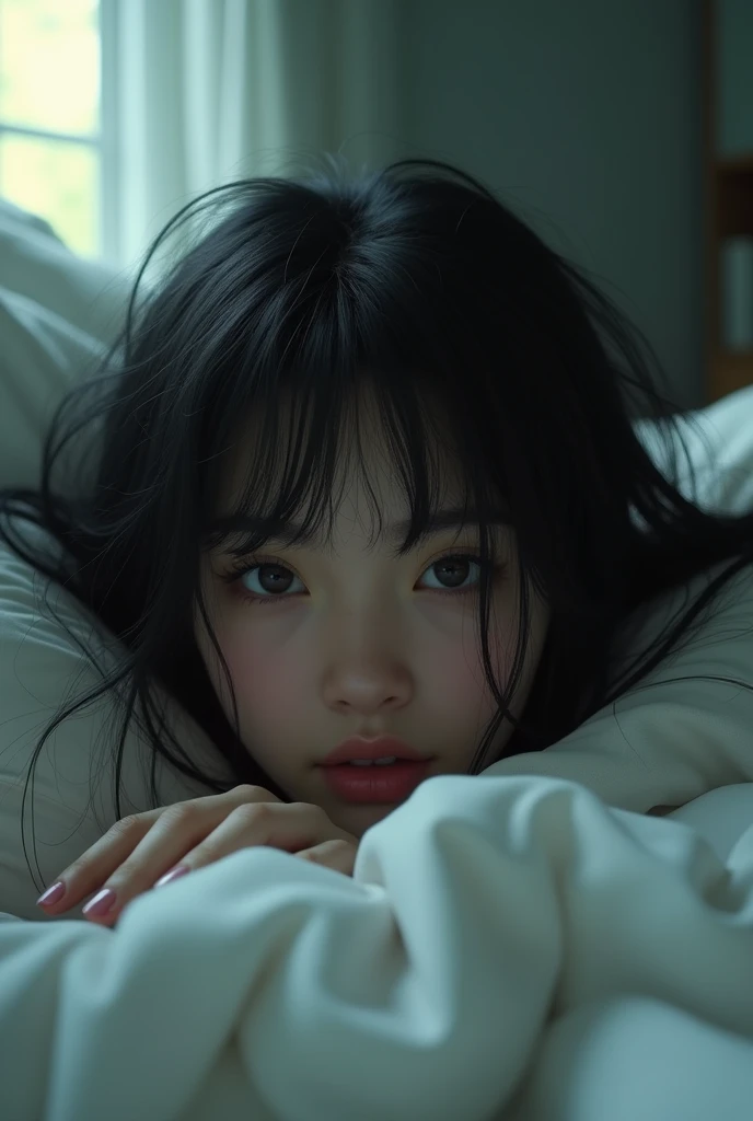 A realistic **** girl with depression sleeping on a cloud bed in her ...