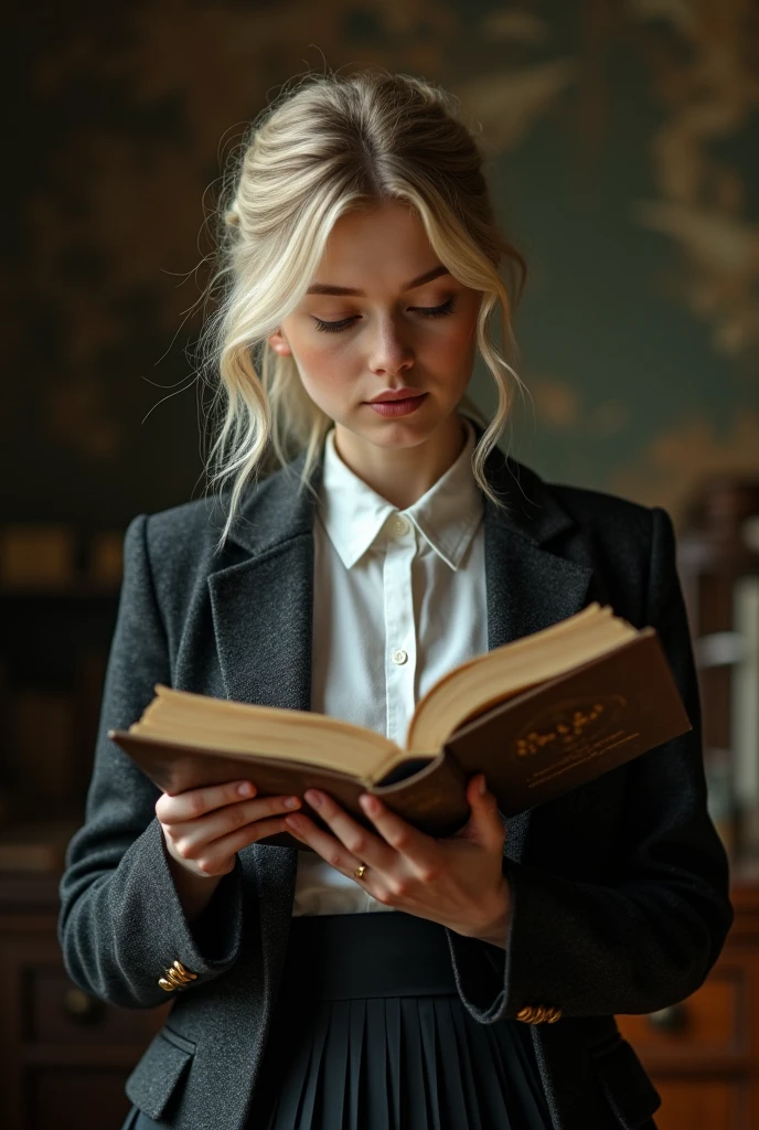 Beautiful blonde dressed in a dark academia outfit holding a book being very stu - SeaArt AI
