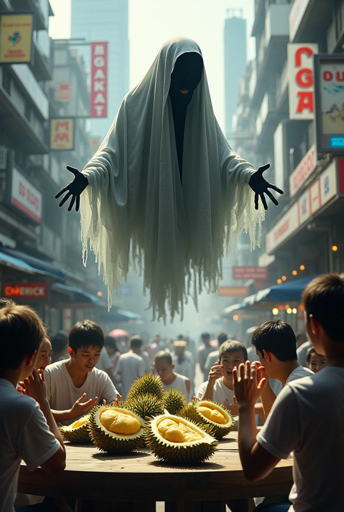 Ghost pocong takes part in durian eating contest in Bangkok city ...