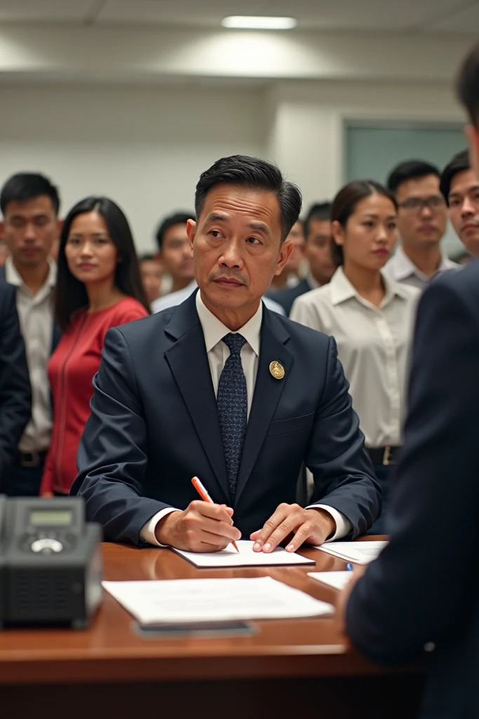 A filipino politician at a desk with filipino citizens in line - SeaArt AI