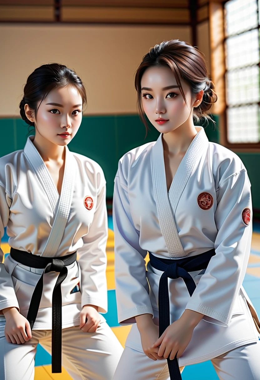 (( match ring in the gym , Two beautiful women compete in a judo ring on a tata - SeaArt AI