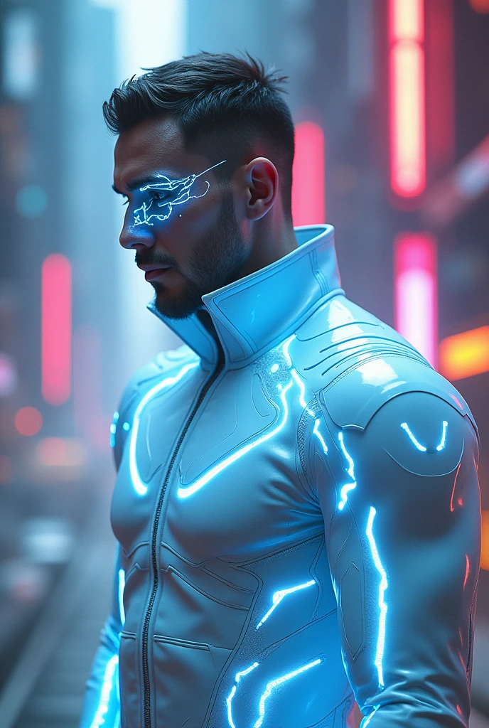 Valkyrie- man in a white suit with a glowing face, futuristic style ...