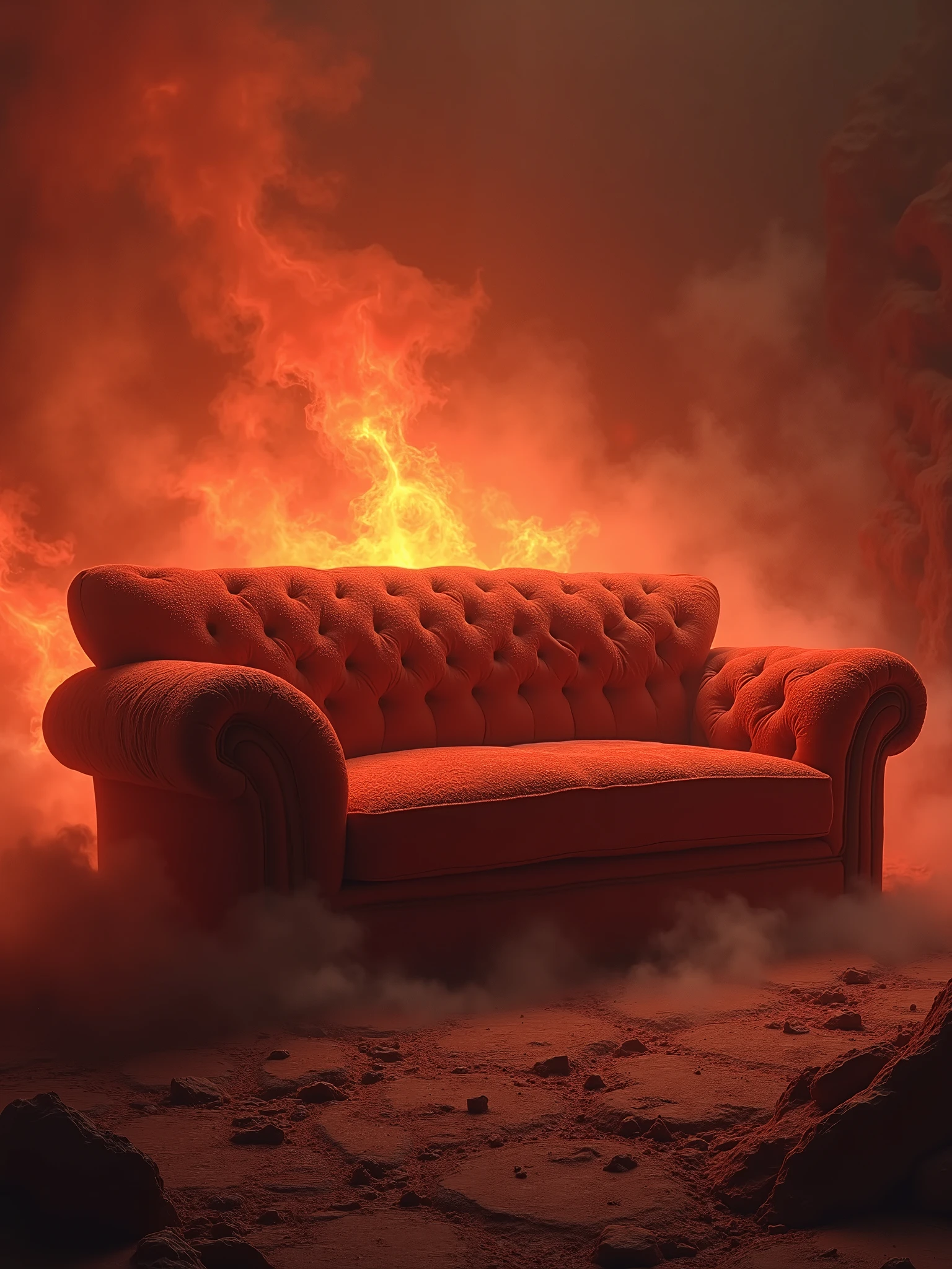 There is a couch that is in the middle of a fire - SeaArt AI