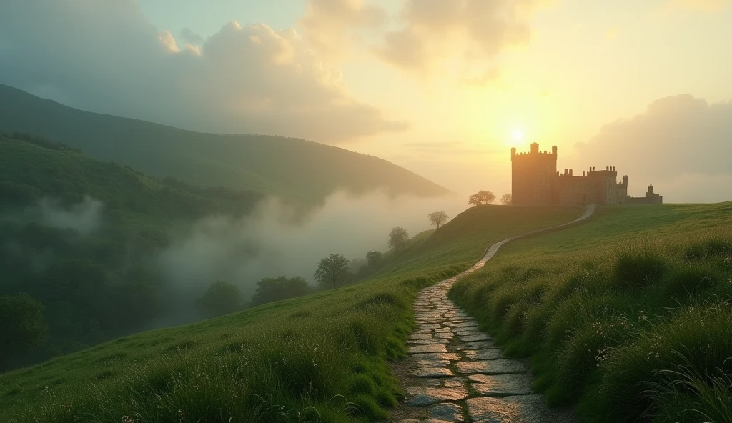 {Photorealistic image, a foggy landscape of the English countryside at ...
