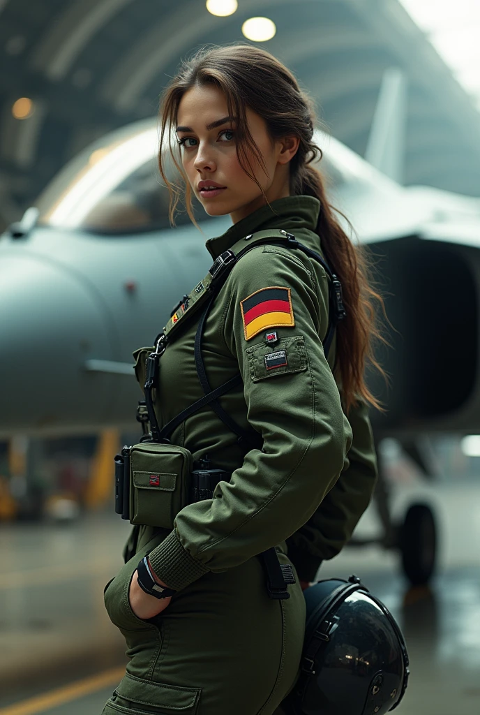 A sexy woman fighter pilot in a military hangar, wearing an olive green ...