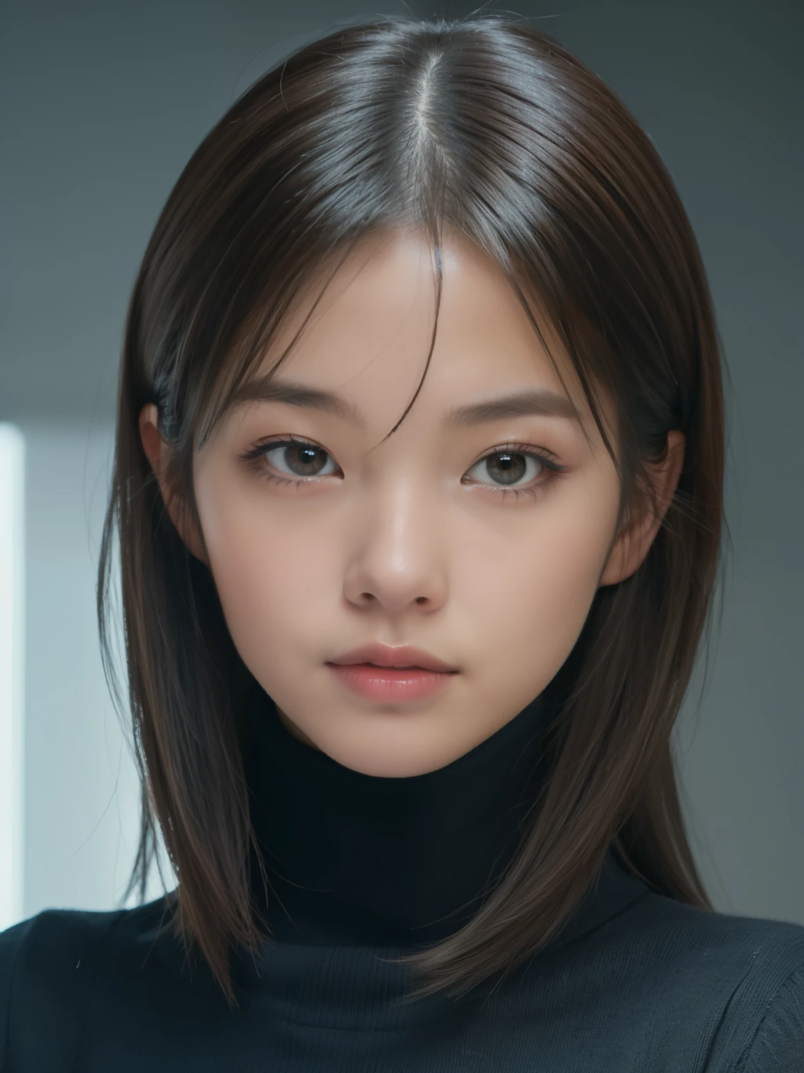 A close up of a woman with long hair wearing a black turtle neck top ...