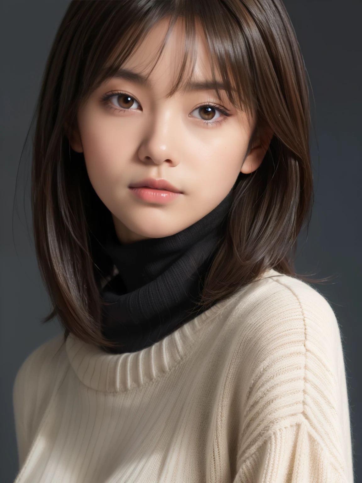 A close up of a woman wearing a turtle neck sweater - SeaArt AI