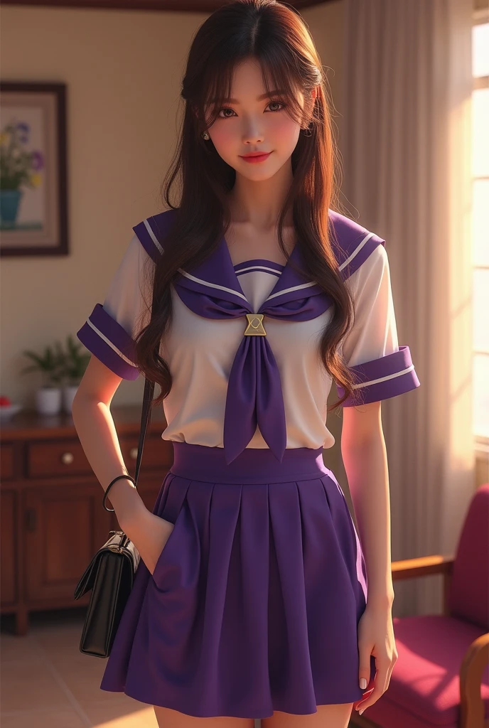 Woman in hot schoolgirl uniform, beautiful, facing forward, smile beautiful - SeaArt AI