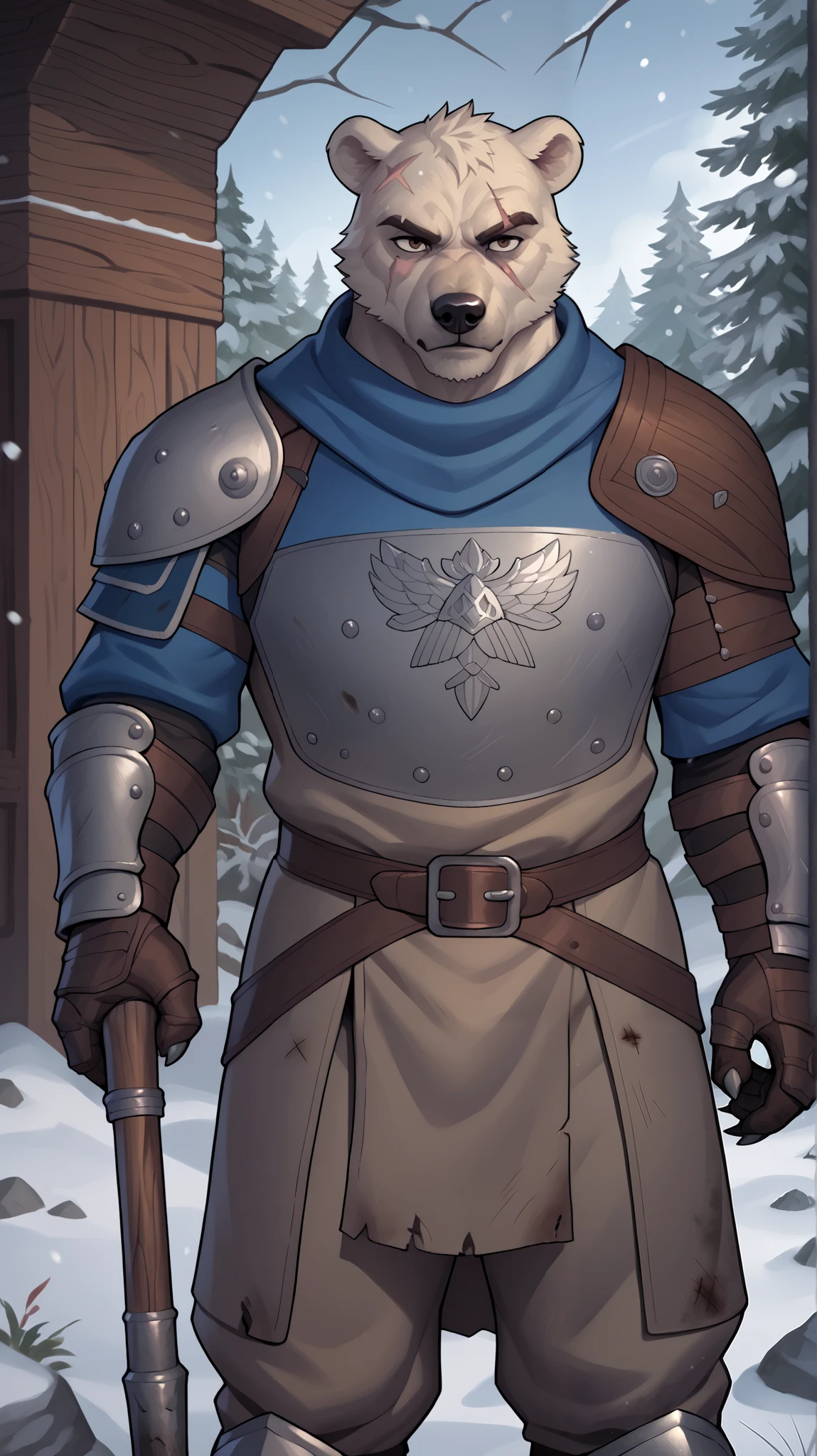 There is a cartoon bear dressed in armor standing in the snow - SeaArt AI