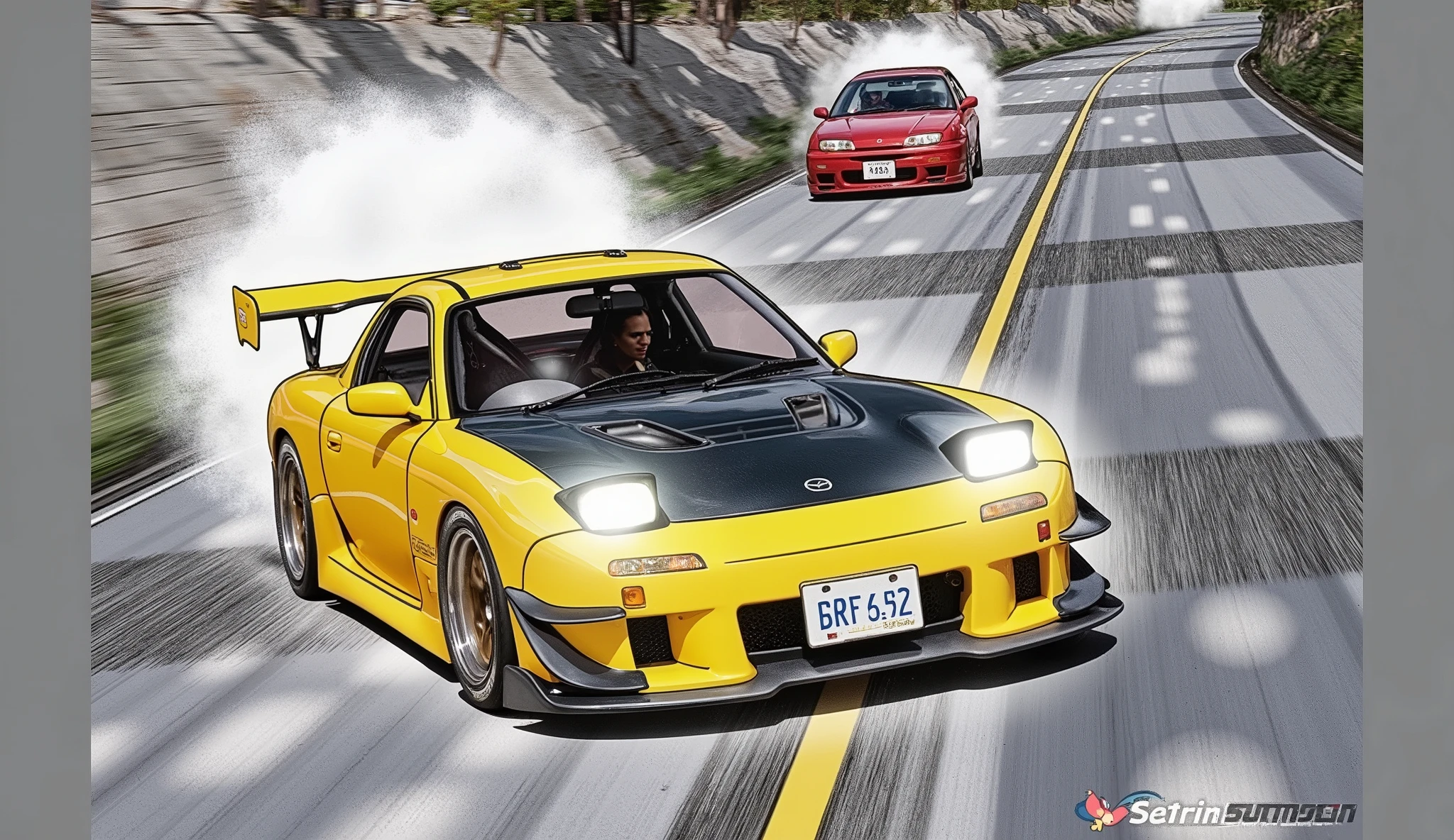 There is a yellow car driving down the road with a red car behind it ...