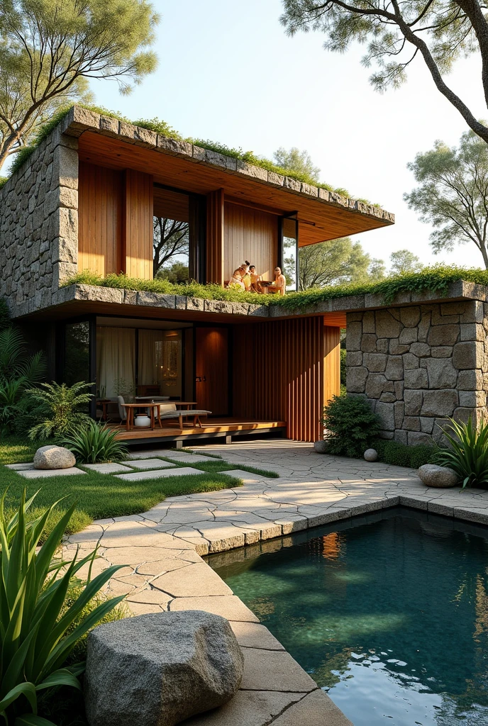 Modern rustic house with roof stone materials wood materials native ...