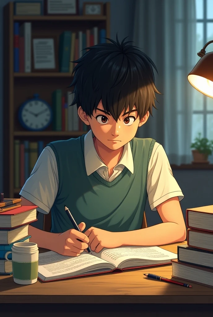 Illustration of a high school boy studying for entrance exams begs ...