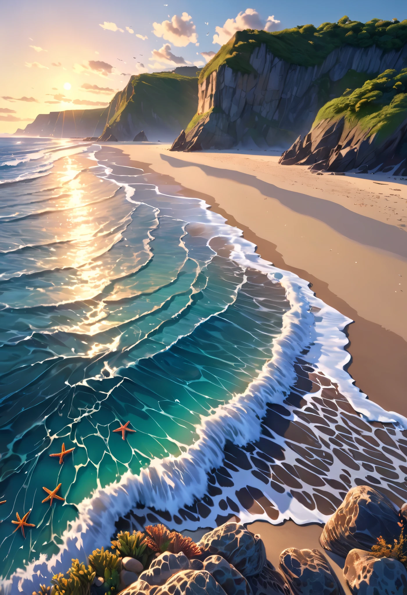 Painting of a beach scene with a sunset and a sea - SeaArt AI