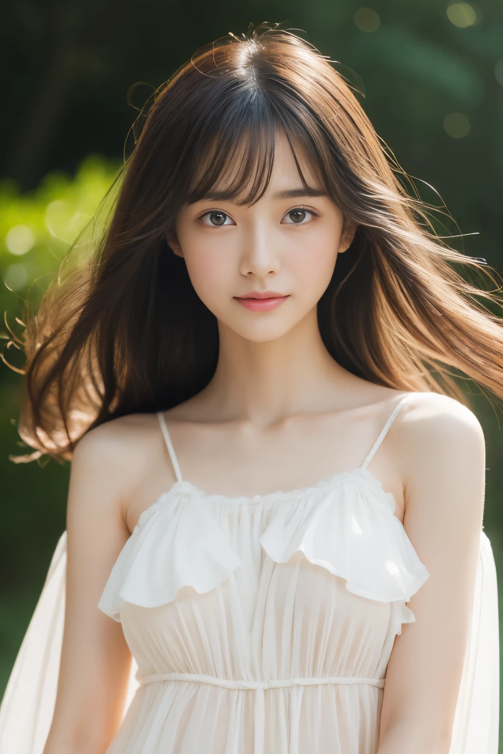 A close up of a woman in a white dress posing for a picture - SeaArt AI