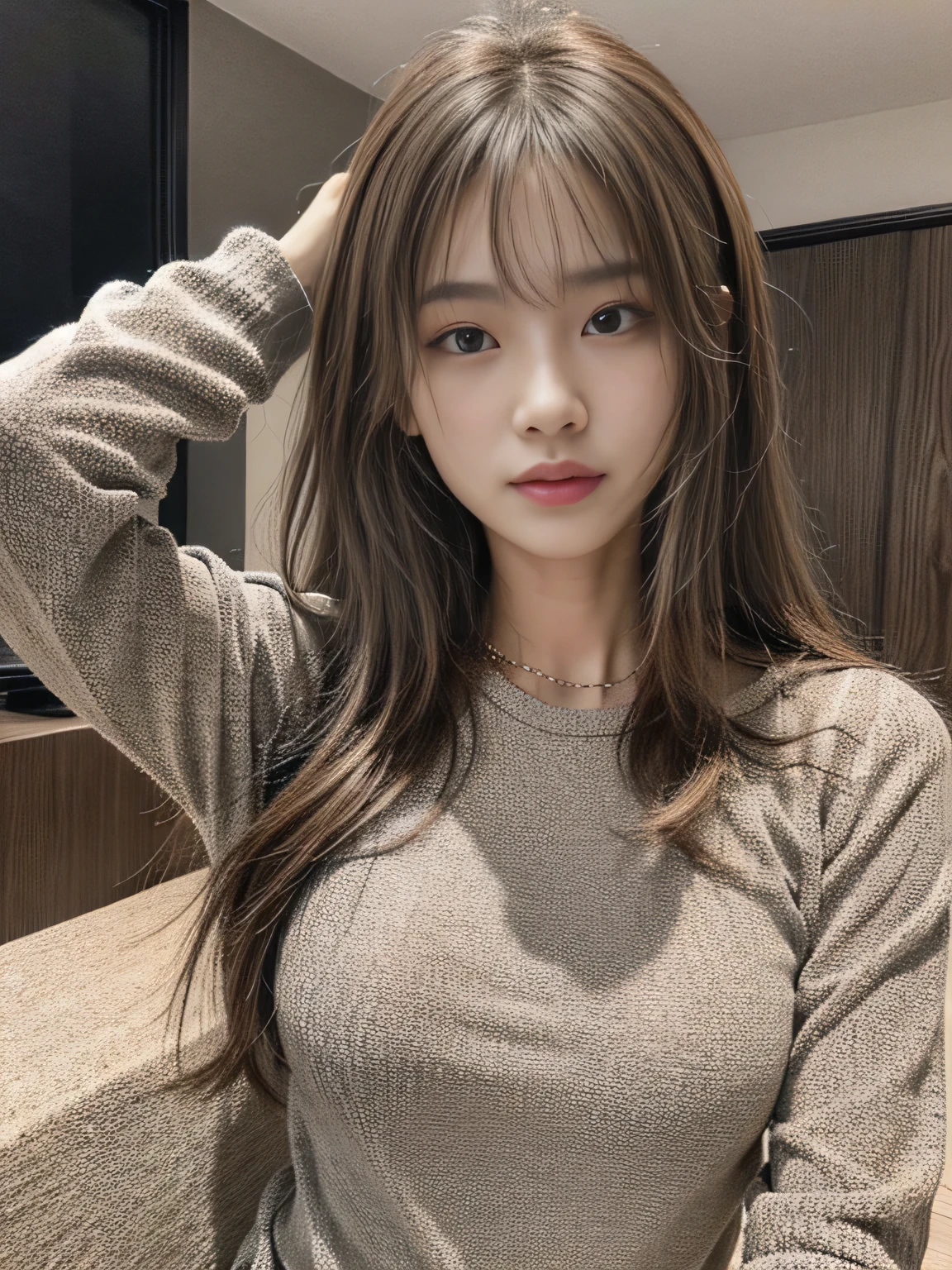 A close up of a woman with long hair wearing a sweater - SeaArt AI