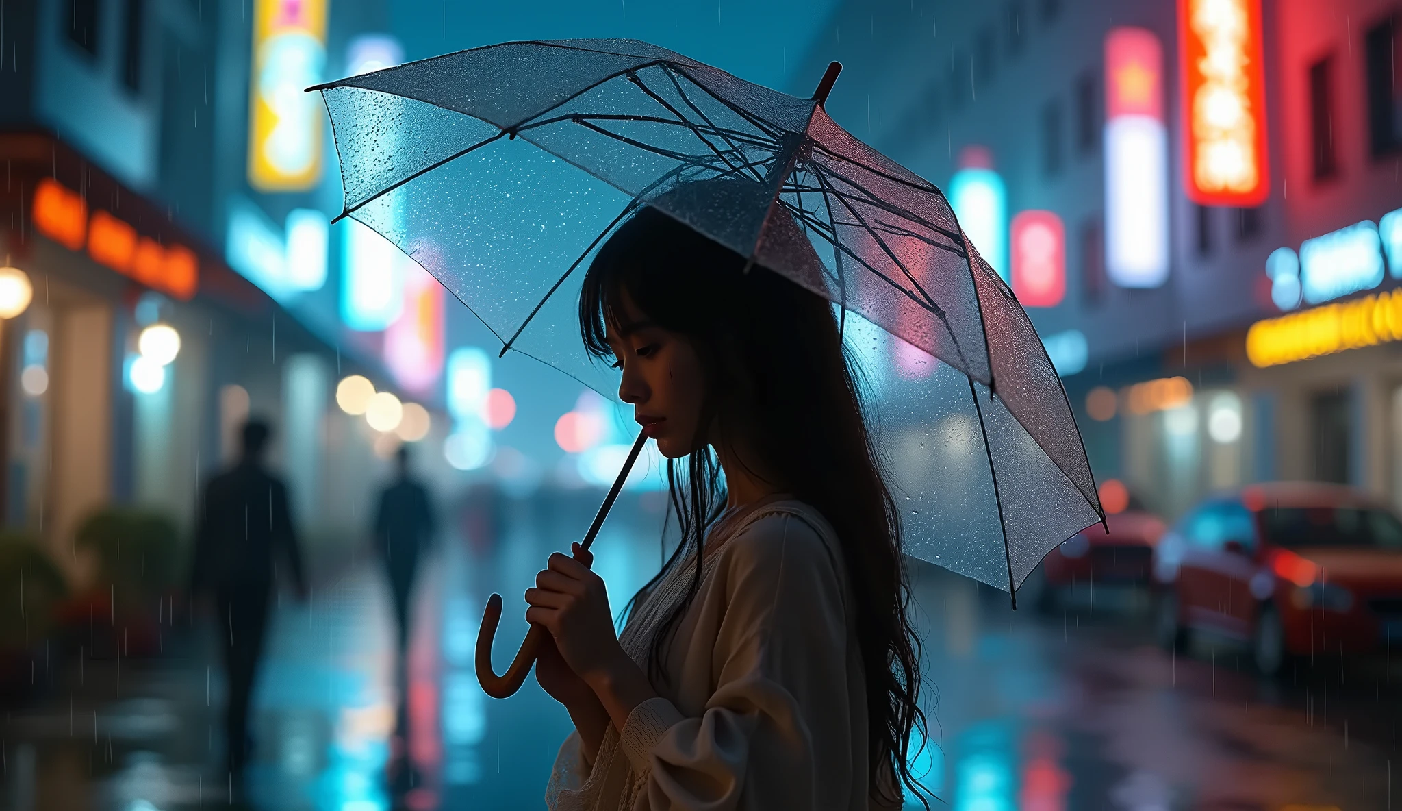 Woman holding an umbrella in the rain in a city at night - SeaArt AI