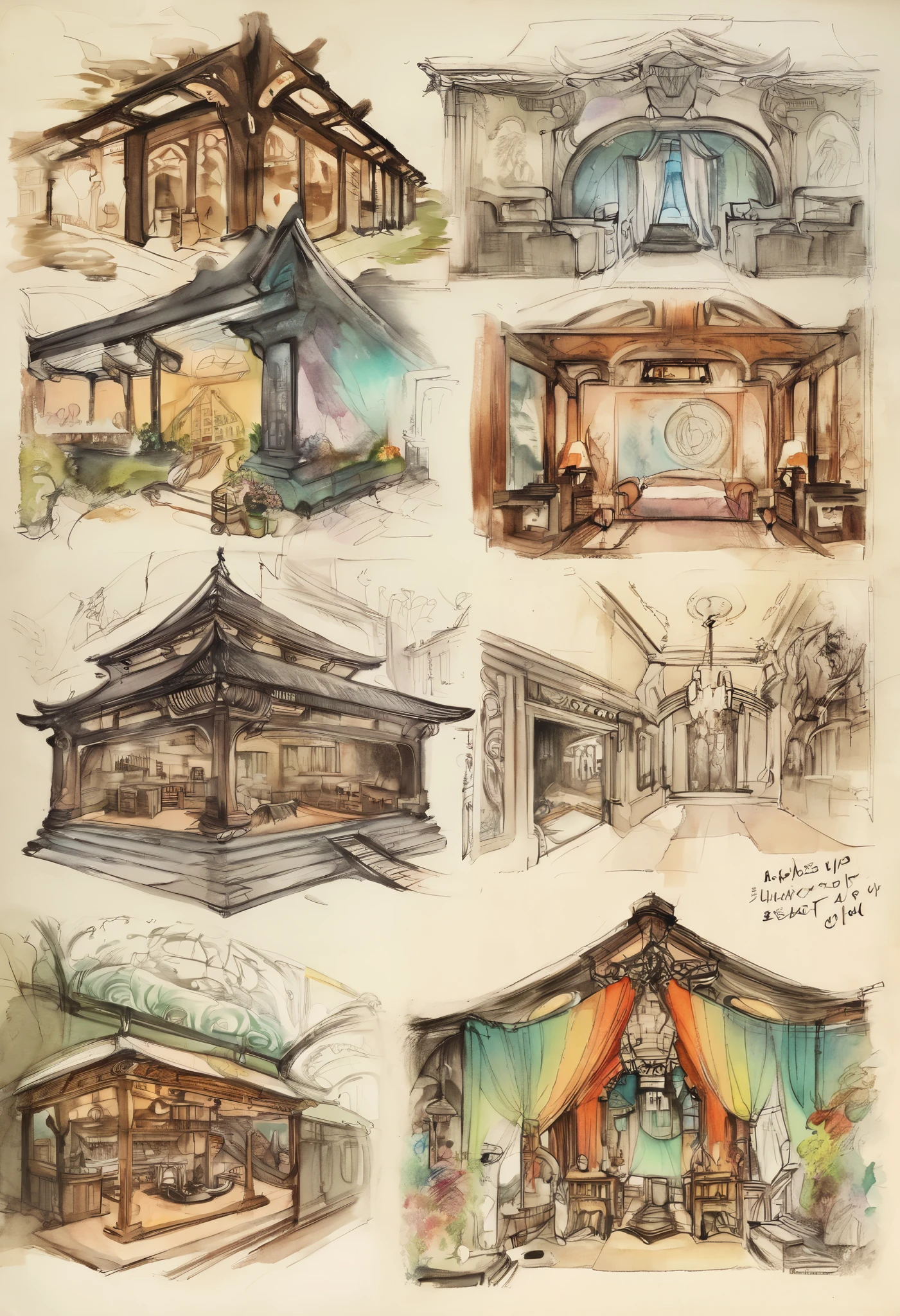 Sketches of a stage set with a stage and a stage curtain - SeaArt AI