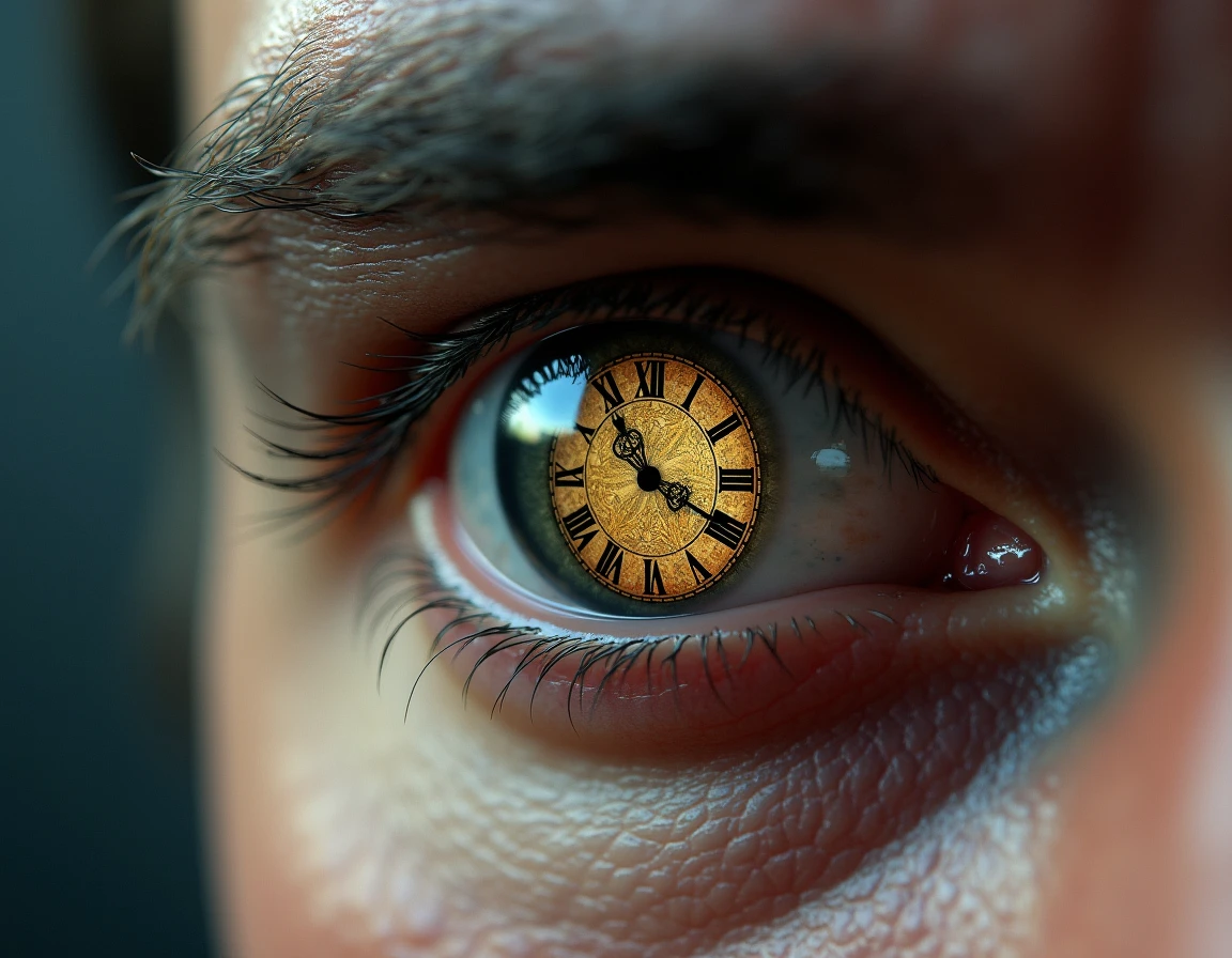 Ultra close-up of a man's eye with a clock in the center, digital ...