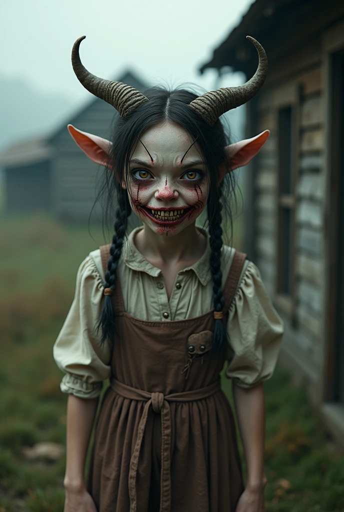 Creepy goat like girl peasant, farm background - SeaArt AI