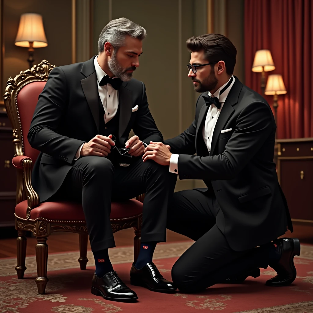 Two men dressed in suits in a luxurious room , one of them is 30 years ...