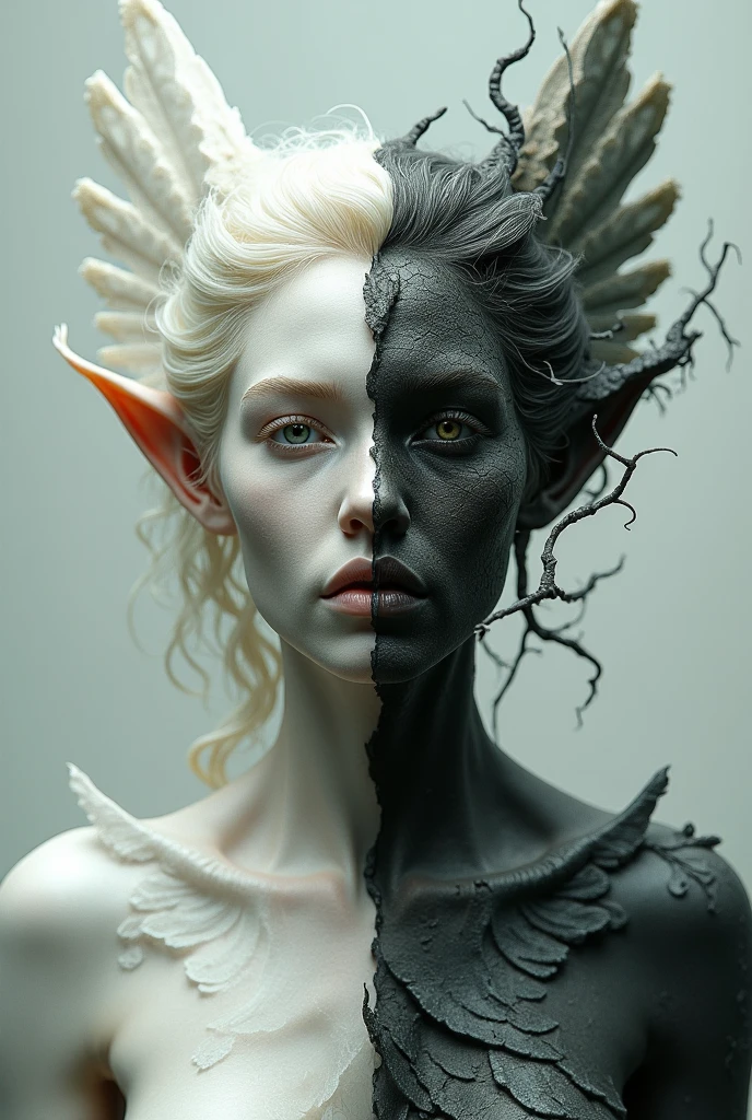 Man half angel and half demon facing forward showing from belly to head ...