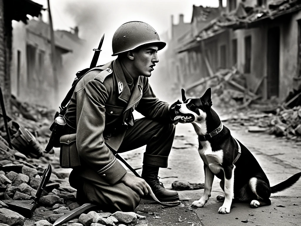 Dramatic photograph of a soldier in 1942 , in a tense position - SeaArt AI