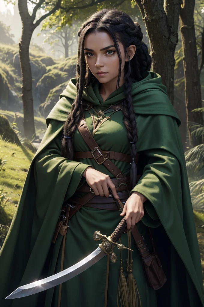 A close up of a person with a sword in a green outfit, female halfling ...