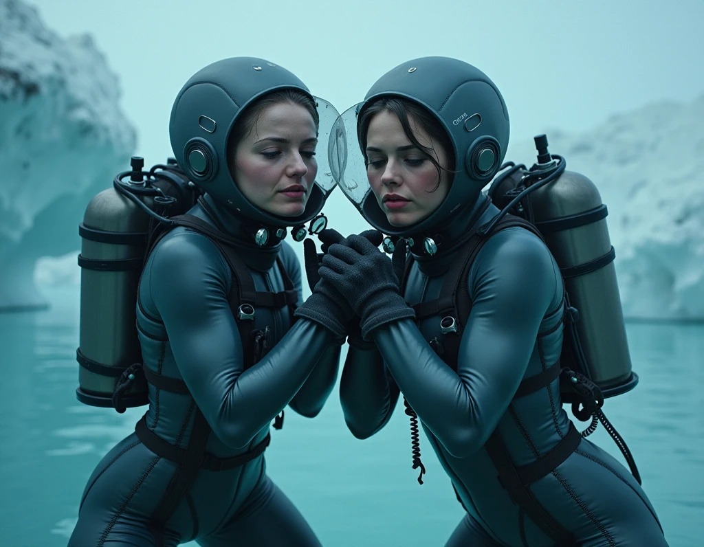 women wearing tight hazmatsuit underwater Antarctica's iced surface ...