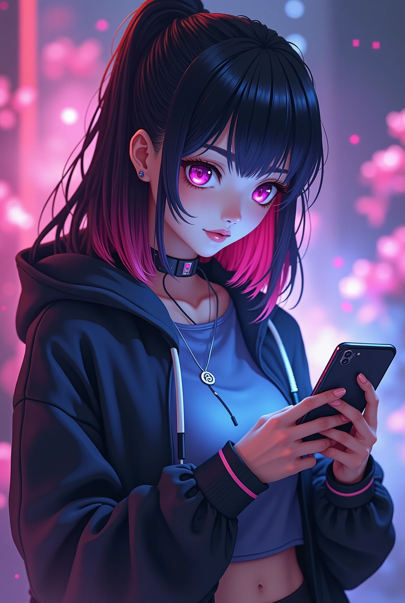 Anime girl with pink hair and purple eyes looking at her phone - SeaArt AI