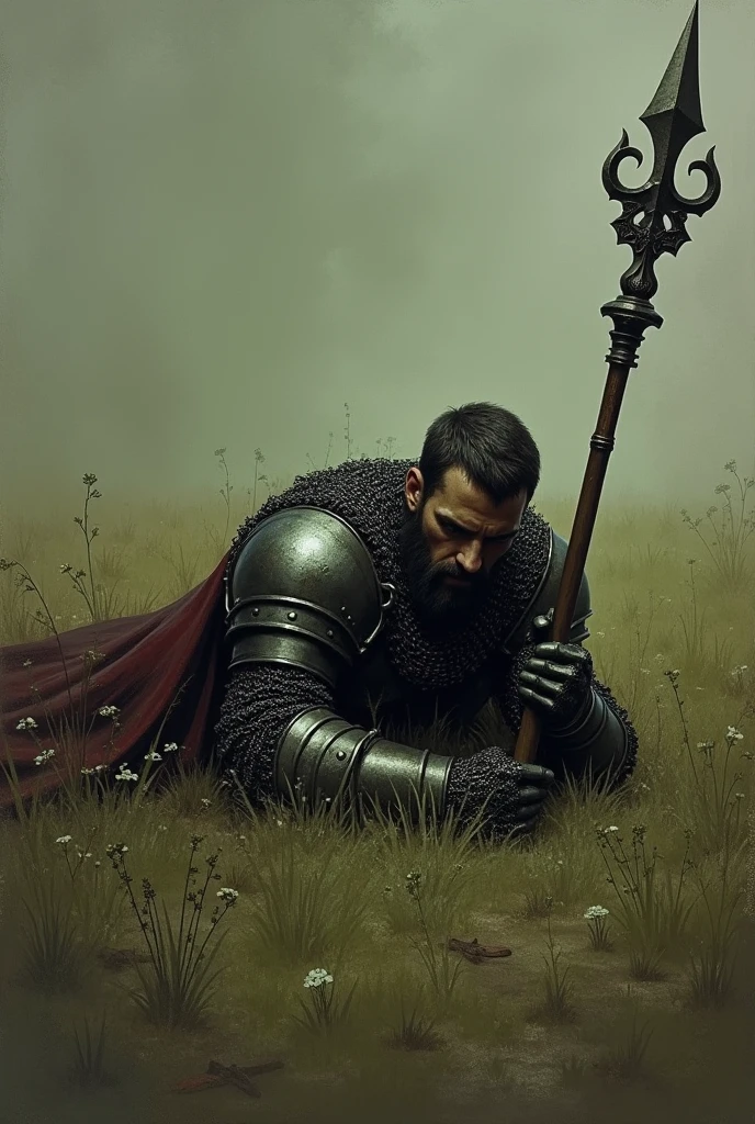 Classic Dark Fantasy art, a soldier in chain mail, spear, laying down ...