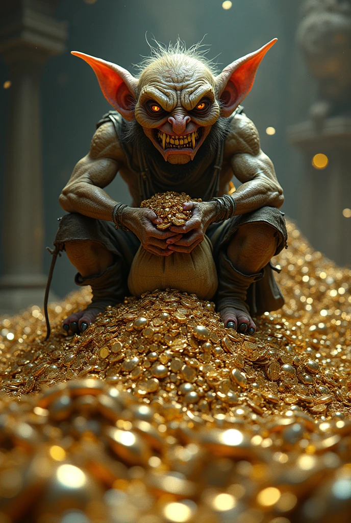 A goblin sitting on a mountain of gold with an angry face - SeaArt AI