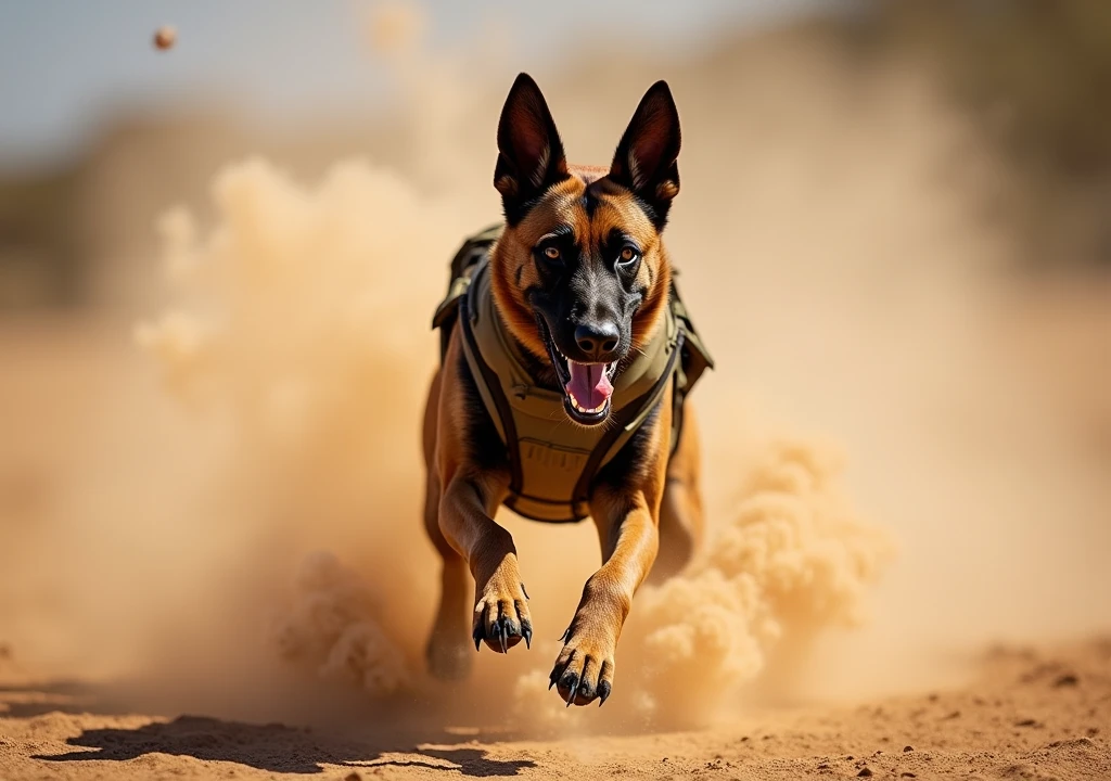 Ultra-dynamic action shot of a Belgian Malinois in peak performance ...